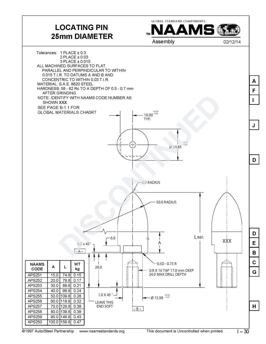 NAAMS Locating Pin APS255T ENGLISH – Freer Tool and Supply